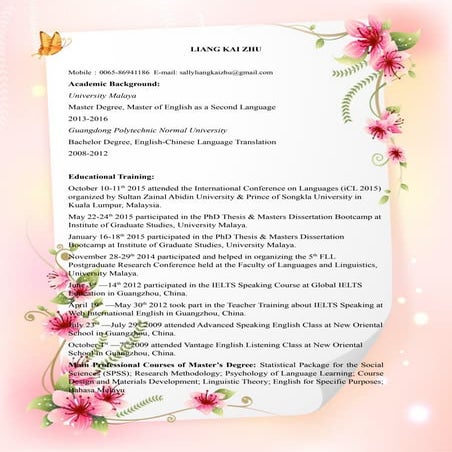 Liang Kaizhu resume | DOC | Postgraduate Education | College Education