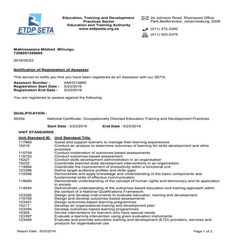 Makhosazana Mildred Mhlungu ETDP SETA registration | PDF