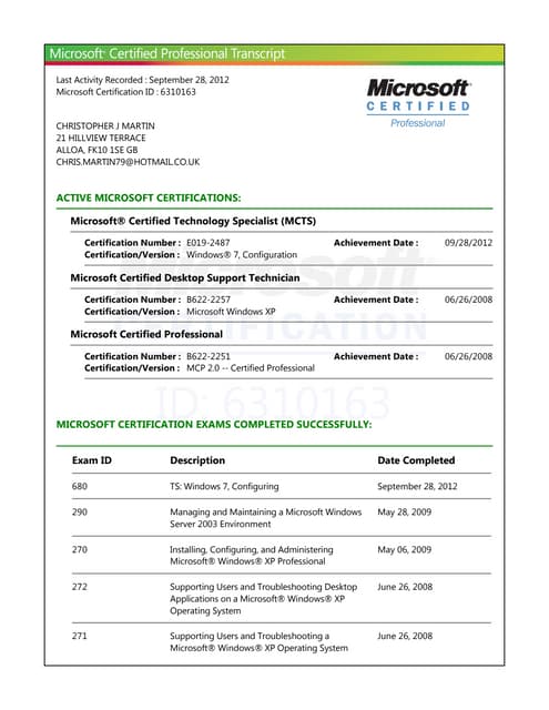 Microsoft Learning Transcript | PDF