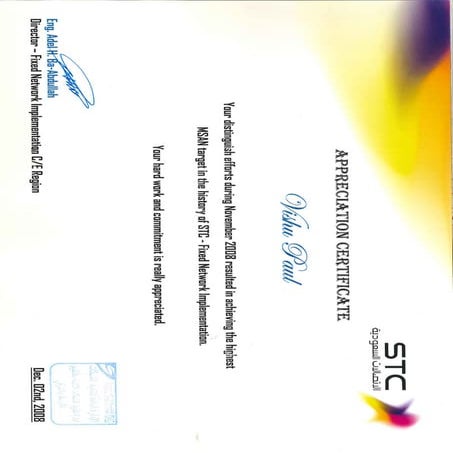Certificate of Appreciation from STC Fixed Network Implementation, 2007 | PDF