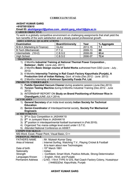 AKSHIT GARG CURRICULUM VITAE | DOC | Business | Business and Finance AKSHIT GARG CURRICULUM VITAE | DOC | Business | Business and Finance