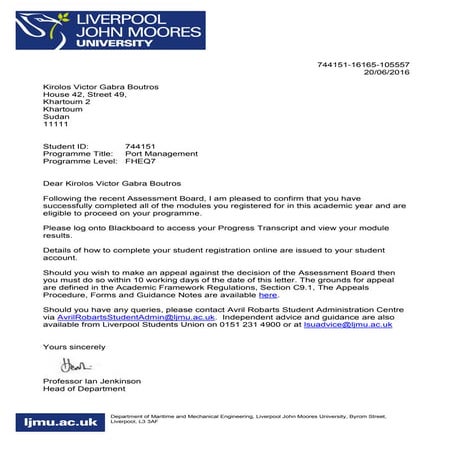 Kirolos Boutros - Passing All Modules Letter | PDF | Educational ...