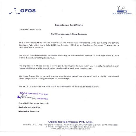 EXPERIENCE CERTIFICATE OF OFOS SERVICE PVT LTD | PDF