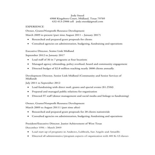 Jody Sneed Resume 2017 | DOC