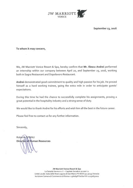 Andrei Iliescu - Reference letter JW Marriott Venice | PDF