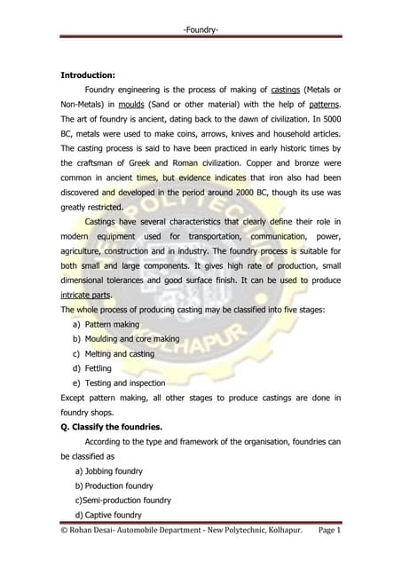 Types of patterns in sand casting | PPTX