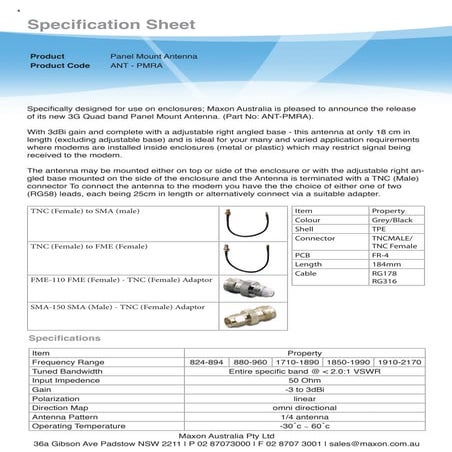 C3 LA30 BD170 Low Profile Mountable Antenna - Maxon Solutions | PDF