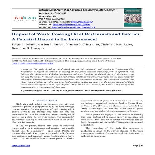 Disposal of Waste Cooking Oil of Restaurants and Eateries: A Potential ...
