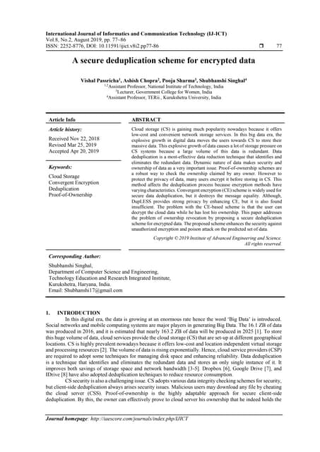 Secure distributed deduplication systems with improved reliability | PDF Secure distributed deduplication systems with improved reliability | PDF