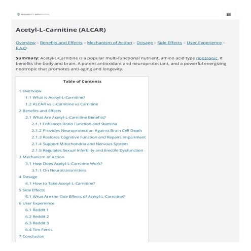 Acetyl-L-Carnitine (ALCAR) | PDF | Brain and Nervous System Disorders ...