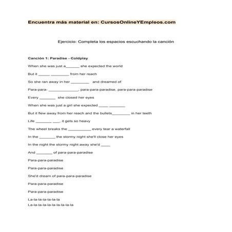 Aprender inglés con canciones - ejercicio para completar | PDF