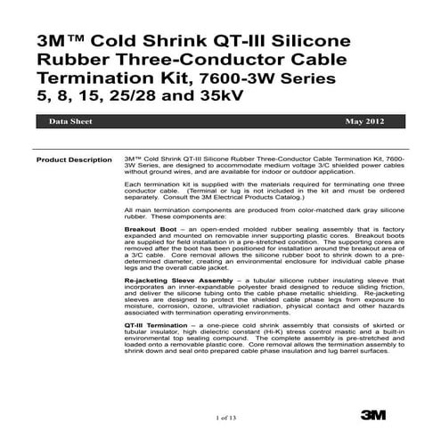 3M Cold Shrink QT-III Silicone Rubber Outdoor Cable Terminations 7600S - Instruction | PDF