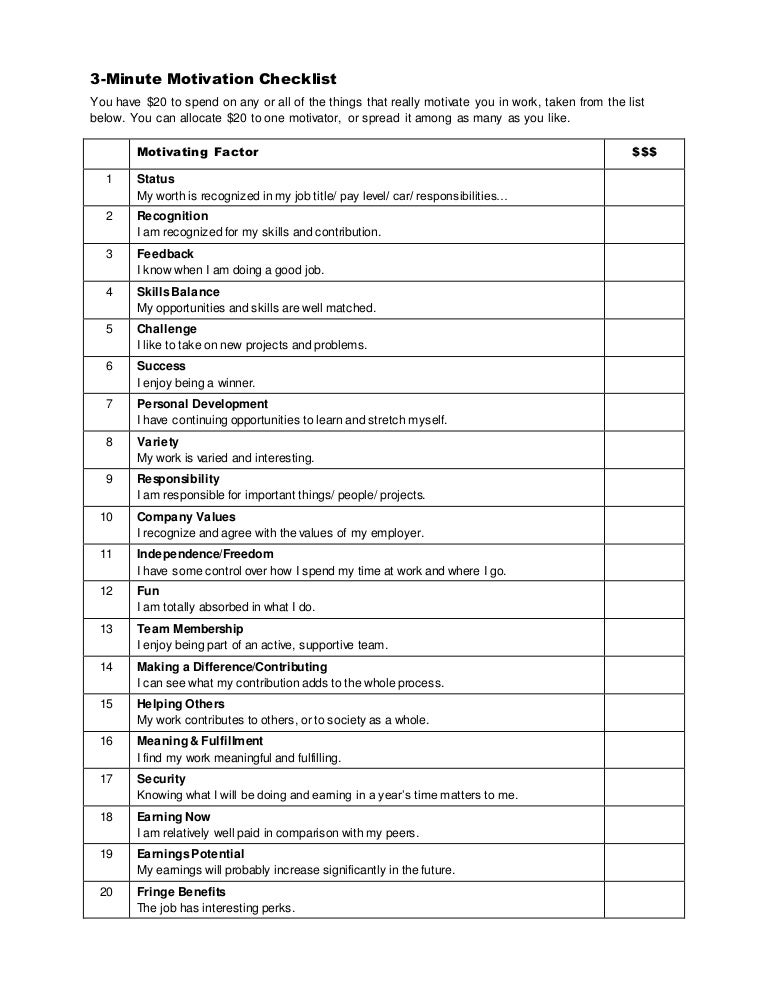 3 minute motivation checklist