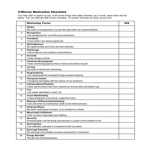 3 minute motivation checklist | DOCX