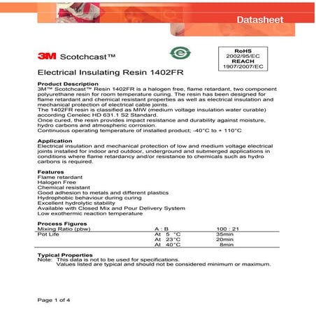 3M Scotchcast Resin - No. 1402FR Hydrocarbon Resistant, Halogen Free ...