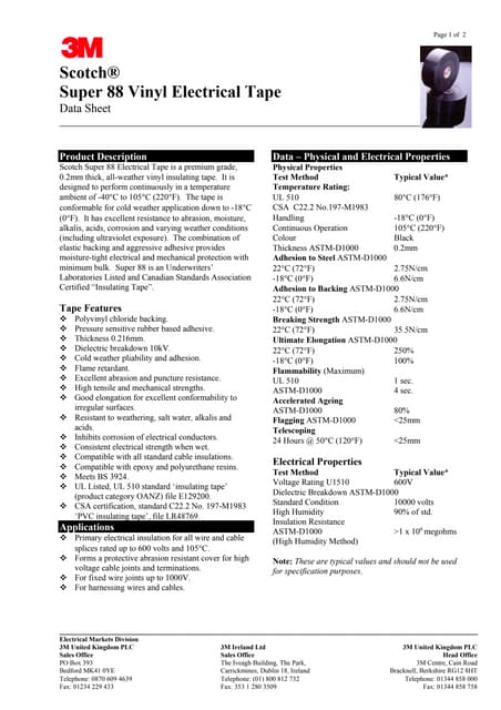 3M Scotch Super 88 Vinyl Electrical Tape - 3M PVC Insulation Tapes | PDF