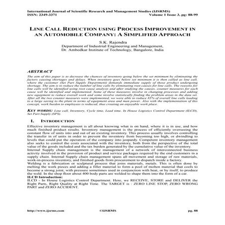 LINE CALL REDUCTION USING PROCESS IMPROVEMENT IN AN AUTOMOBILE COMPANY ...