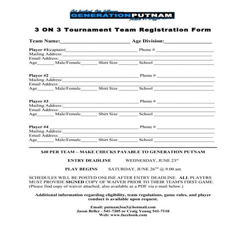 3 On 3 Tournament Team Registration Form | DOC
