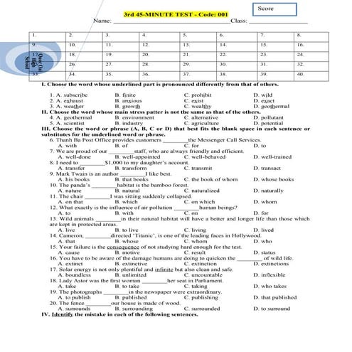 3rd 45m test 1 code 001 | DOC