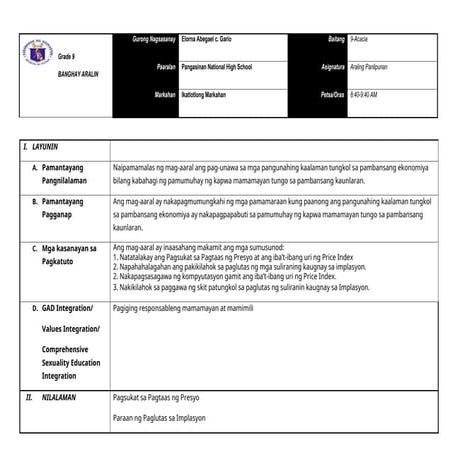 ANG IMPLASYON GRADE 9 SEMI-DETAILED LESSON PLAN | DOCX