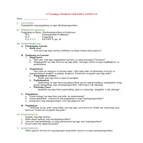 3rd grading character education vi | DOCX