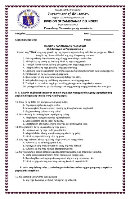 K TO 12 GRADE 4 DIAGNOSTIC / PRE TEST IN EDUKASYON sa PAGPAPAKATAO | PDF