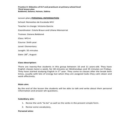 3rd lesson plan personal information | DOC
