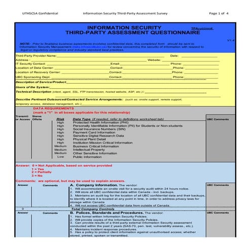 3rd Party Outsourcing Information Security Assessment Questionnaire | PDF