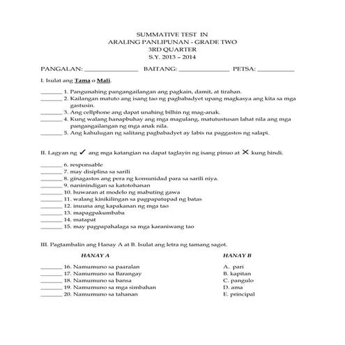 K to 12 Araling Panlipunan Grade 2 (3rd Quarter Summative Test) | PDF