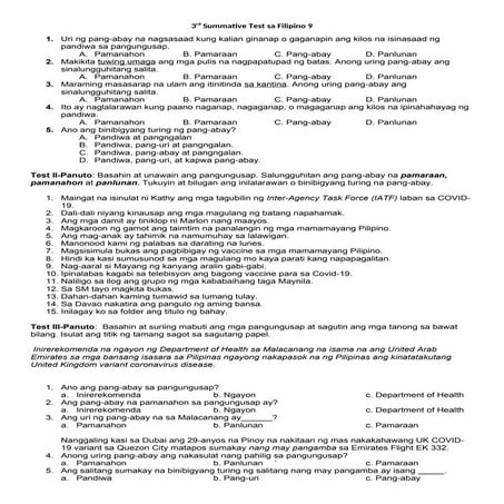 3rd Summative Test sa Grade 9 Filipino subject | PDF