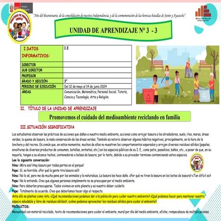 3° UNIDAD 3 CUIDAMOS EL AMBIENTE RECICLANDO EN FAMILIA 933623393 PROF ...