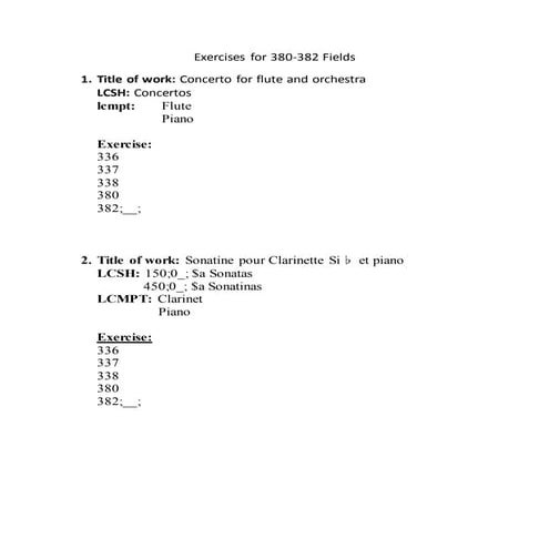 New MARC 3XX Fields for Cataloging Scores Exercises | DOCX