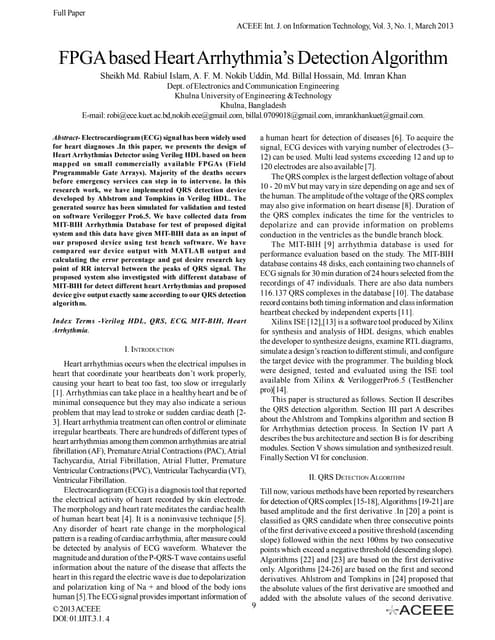 Ecg Based Heart Rate Monitoring System Implementation Using Fpga For