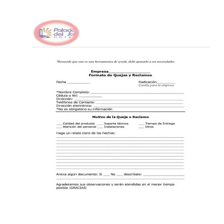 Plantilla De Formulario De Queja Del Cliente