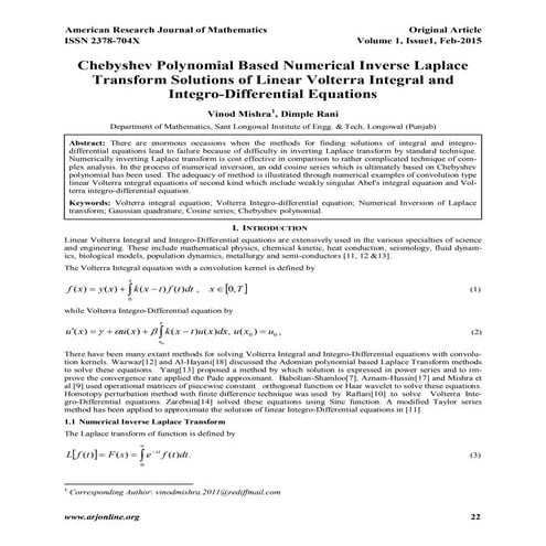Chebyshev Polynomial Based Numerical Inverse Laplace Transform Solutions of Linear Volterra ...