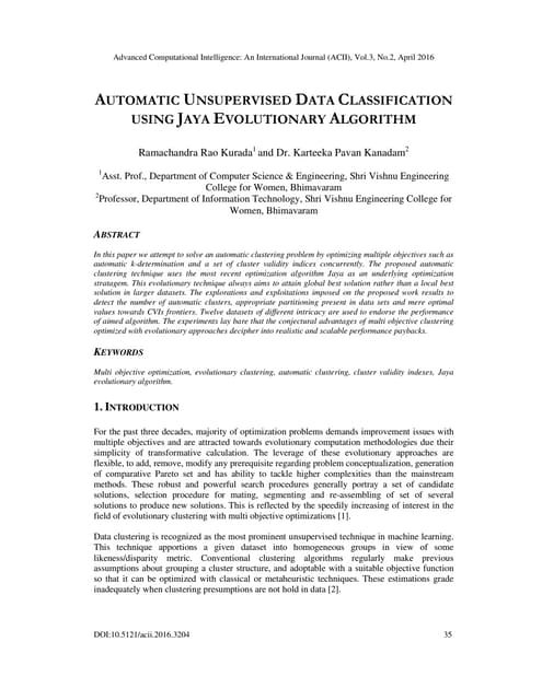 Automatic Unsupervised Data Classification Using Jaya Evolutionary Algorithm Pdf Computing