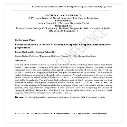 Formulation and Evaluation of Herbal Toothpaste: Compared with marketed ...