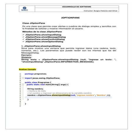 4. java poo joptionpane - Lenguaje de Programación JAVA - POO 2018. | PDF | Programming ...