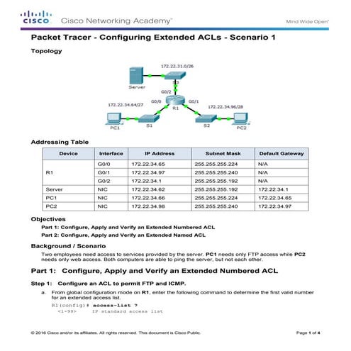 4.1.1.10 packet tracer configuring extended ac ls scenario 1 | PDF | Computer Networking | Computing