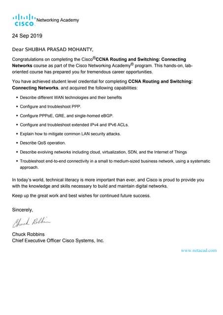 Letter of Appreciation : CCNA Routing and Switching : Introduction to Networks | PDF