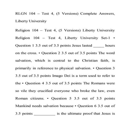 RLGN 104 – Test 4, (5 Versions) Complete Answers, Liberty University | PDF