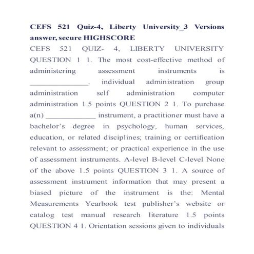 CEFS 521 Quiz-4, Liberty University_3 Versions answer, secure HIGHSCORE | PDF