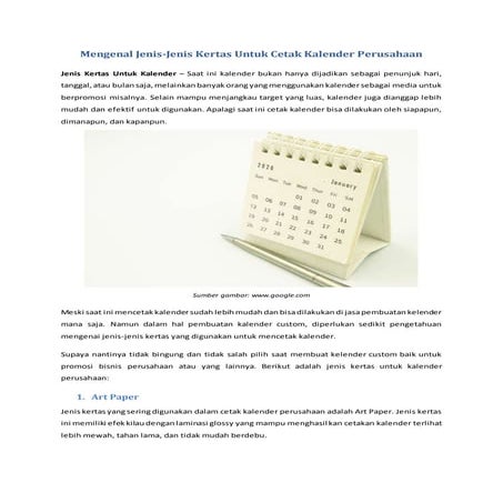 Mengenal Jenis-Jenis Kertas Untuk Cetak Kalender Perusahaan | DOCX