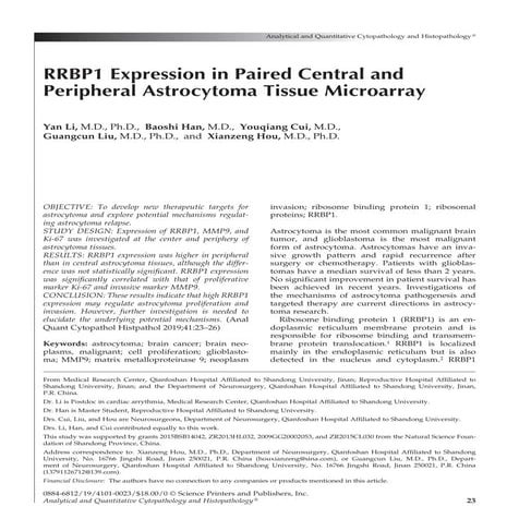 RRBP1 Expression in Paired Central and Peripheral Astrocytoma Tissue ...