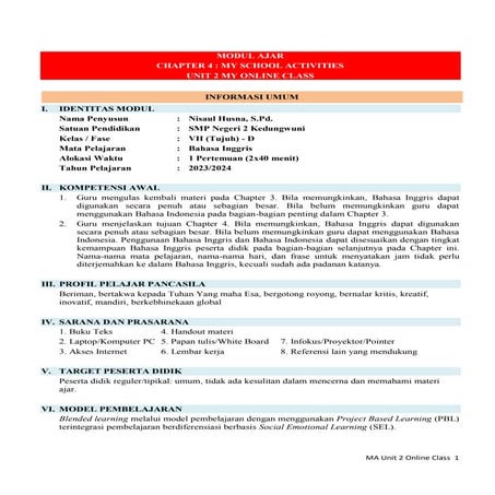 Modul Ajar Bahasa Inggris Kelas 7 Kurmer My Online Class | PDF