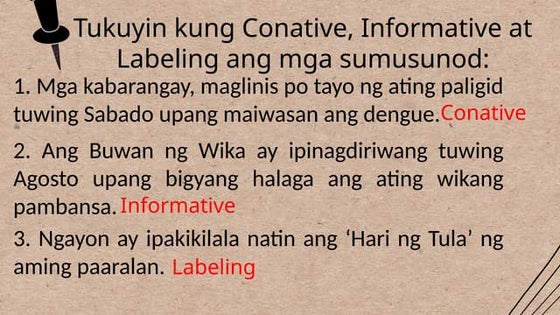 Conative, informative at labeling na gamit ng Wika | PPTX