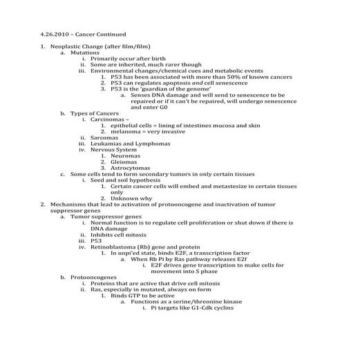 4.26.2010 lecture 2 | DOCX | Cancer | Diseases and Conditions