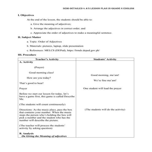 English 6, Order of Adjectives 4-As Lesson Plan sample | DOCX