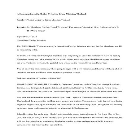 Full Transcript of Prime Minister Abhisit Vejjajiva's speech at the ...