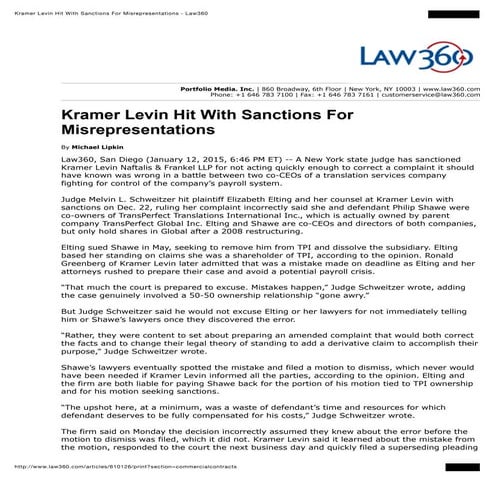Kramer Levin Hit with Sanctions for Misrepresentations (by Law360) | PDF